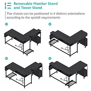 Lufeiya L Shaped Gaming Desk with Led Lights and Power Outlets, 47 Inch Corner Home Office Desk with Monitor Stand Shelves, Writing Study Computer Desks with Fabric Drawers for Bedroom, Black