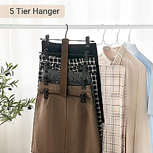 Mkono 3 Pack Pants Hangers Space Saving 5 Tier Skirt Hanger with Adjustable Clips, Wood Rubber Coated Clips Clothes Hanger for Shorts Trouser Jeans Organize 360 Swivel Multiple Closet Storage Hanger