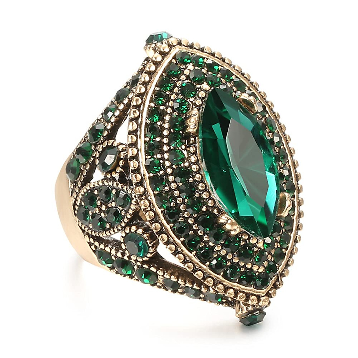CKHAO Women Ring - Big Size Antique Gold Plated Turkish Style Green Gemstone Vintage Girls Ring Women Jewelry 0769GREEN (8)