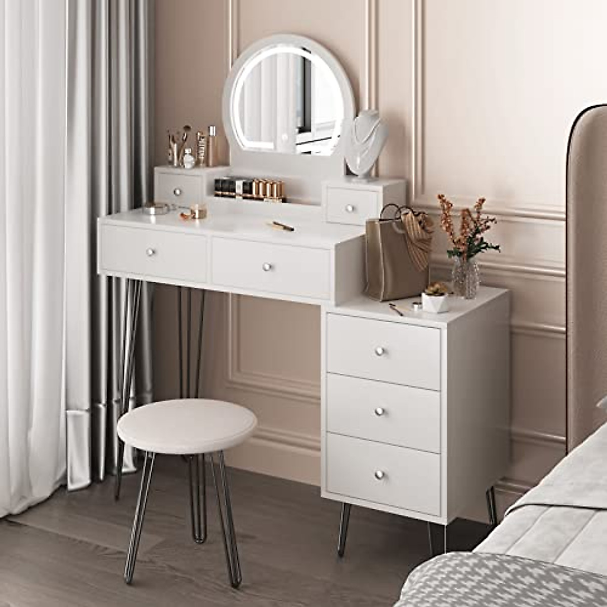 Fameill Makeup Vanity Desk with Lighted Mirror,White Vanity Table Set with Round Mirror,3 Color Touch Screen Dimming Mirror,7 Drawers Bedroom Dressing Table with Soft Cushioned Stool