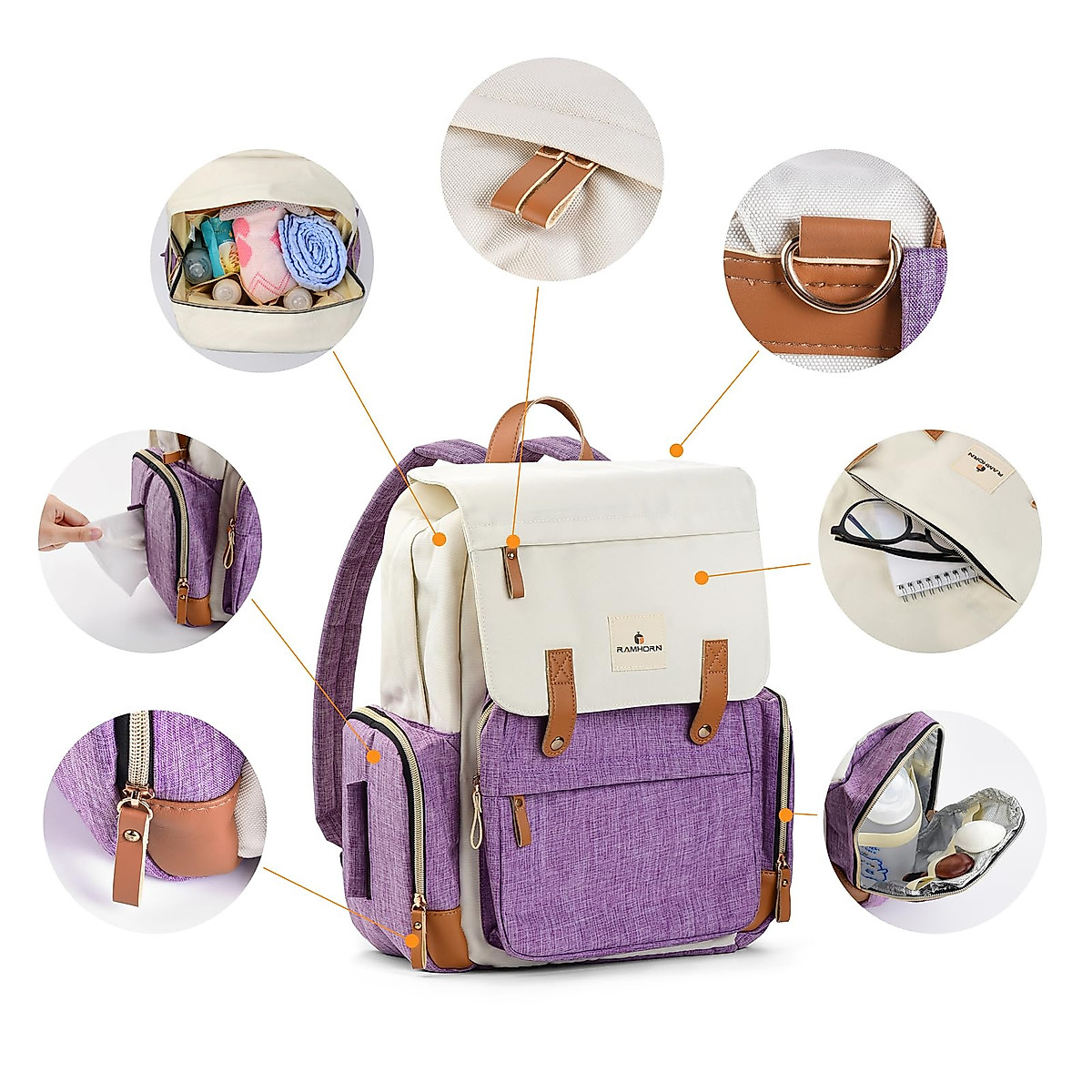 Ramhorn Diaper Bag Multifunction Travel Backpacks for Mom with Insulated Pockets and Laptop Compartment, purple