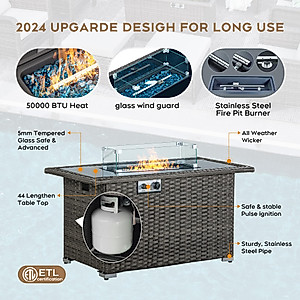 Yechen Patio Conversation Set 12 Seats with 44" Propane Gas Fire Pit Table - 9 Pcs Outdoor Wicker Furniture Set with Lid & Wind Shields - Sectional Sofa Set for Porch,Backyard