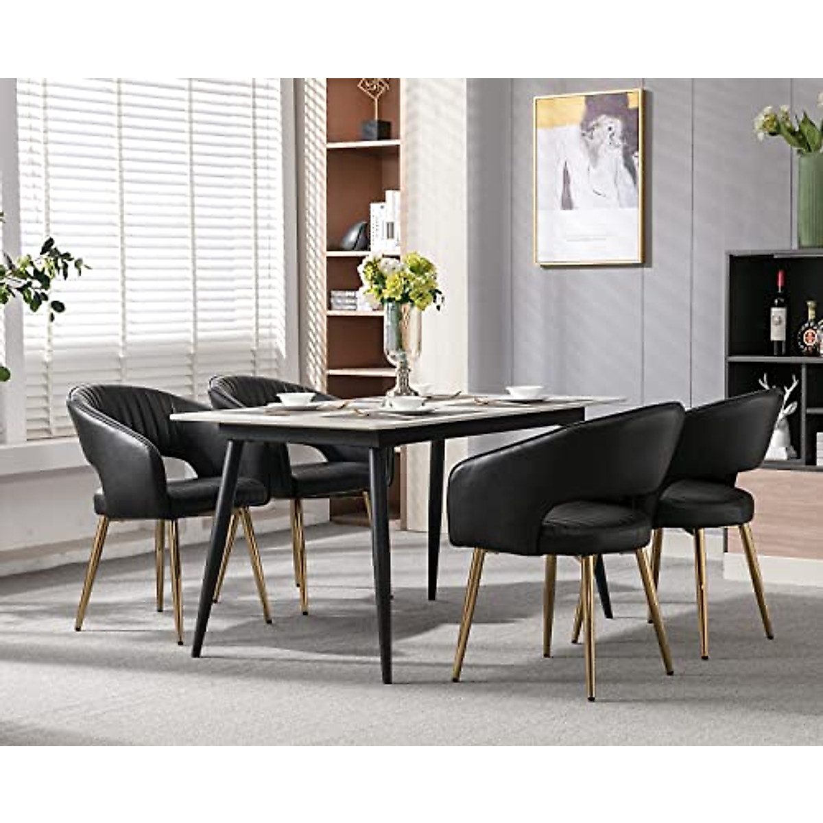 ZSARTS Black Leather Dining Chairs Set of 4, Modern Upholstered Gold Accent Chairs with Hollow Back Tufted Kitchen Chairs Side Chairs for Dining Room Living Room Reception Room