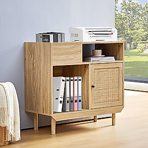 Vintage Record Player Stand, Vinyl Record Storage Table ,Turntable Stand Record Player Cabinet with Storage, Vinyl Record Player Stand with Rattan Door, Printer Stand with Open Storage Shelves-Natural