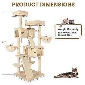 SHA CERLIN 65in Larger Cat Tree Tower Condo for Indoor Cats, Multi-Level Furniture Activity Center with Wide Base/Cozy Plush Cat Perches/Baskets/Sisal Scratching Posts and Hammock/Beige