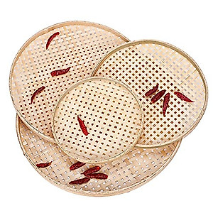 100% Handwoven Flat Wicker Round Fruit Basket Woven Food Storage Weaved Shallow Tray Organizer Holder Bowl Decorative Rack Display Kids DIY Drawing Board (Sqaure Hollow-Bamboo White, 42cm/16.5")