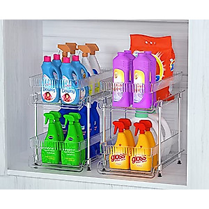 2 Tier Clear Pull Out Organizers and Storage - Snack Organization for Pantry w Lids/Dividers, Slide-Out Under Sink Organizer for Bathroom and Kitchen, Cabinet/Countertop Acrylic Drawers Medicine Bins