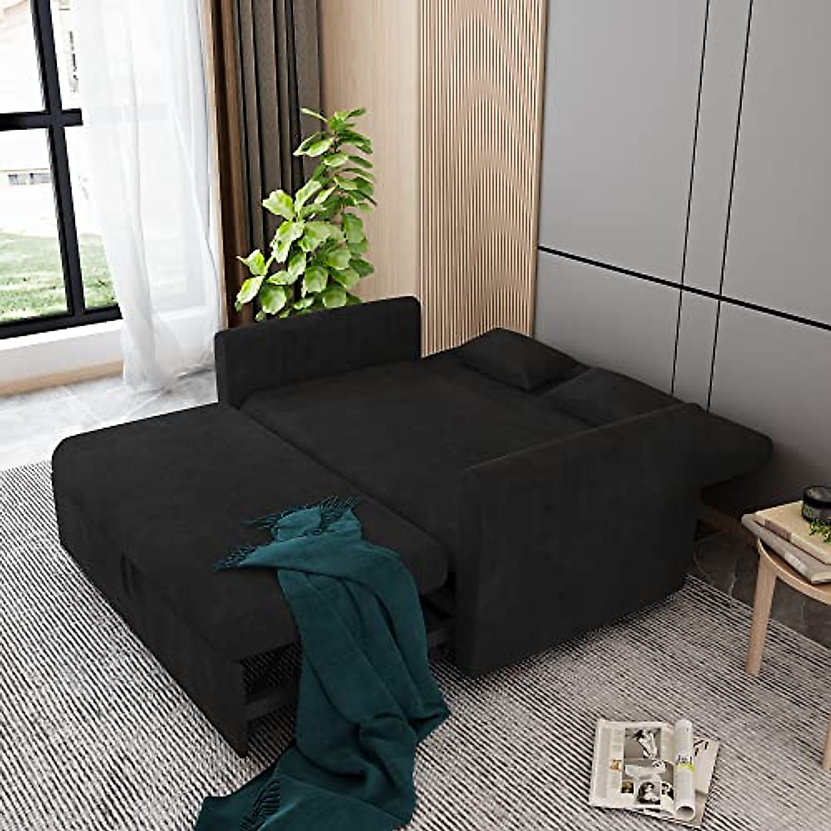 MIYZEAL 55'' Convertible Sleeper Sofa Bed, Velvet Loveseat Sofa with Pull-Out Bed, 2 Seater Couch Bed with Adjustable Backrest, Pull Out Lounge Chaise with 2 Pillows Office (Black)