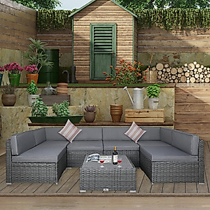 Welpatio 7 Piece Outdoor Patio Furniture Sets with Cushions, PE Rattan Wicker Outdoor Sectional Furniture Conversation Patio Set with Slat Coffee Table and 2 Pillows, Light Gray/Gray