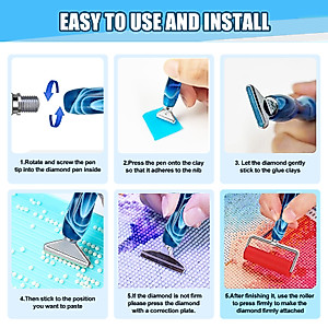 14PCS Diamond Painting Pen Accessories Tools Set, Exquisite Stainless Steel Metal Pen Tips,Ergonomic Diamond Art Drill Pen and 6 Painting Glue Clay,Comfort Grip and Faster Drilling (Blue Silver)