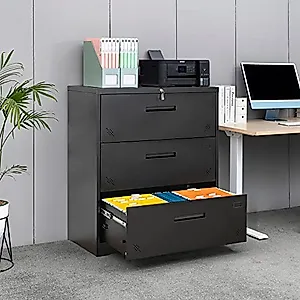 Yone jx je 3 Drawer Lateral Filing Cabinet for Legal/Letter A4 Size, Large Deep Drawers Locked by Keys, Locking Wide File Cabinet for Home Office, Metal Steel (Black)