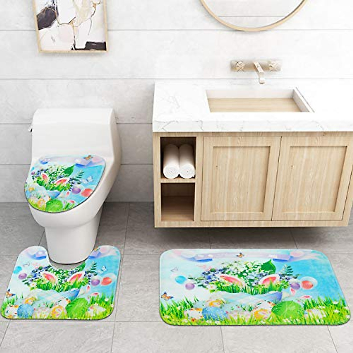 Ikfashoni 4 Pcs Easter Shower Curtain Set with Non-Slip Rugs, Toilet Lid Cover and Bath Mat, Spring Floral Shower Curtains with 12 Hooks, Rabbit Bunny Egg Shower Curtains for Bathroom