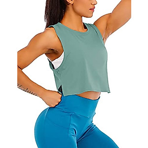 HIOINIEIY Womens Crop Top Workout Cropped Shirts Muscle Tank Athletic Gym Exercise Clothes Light Green L