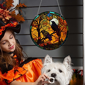 MATIHAY Crows Stained Acrylic Window Hanging - Crow Raven Wall Decor for Bird Lovers, Halloween Fall Christmas Decor for Home, Cafe (Crows,L)