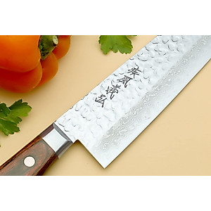 Yoshihiro VG10 16 Layer Hammered Damascus Stainless Steel Nakiri Vegetable Knife 6.5'' (165mm)