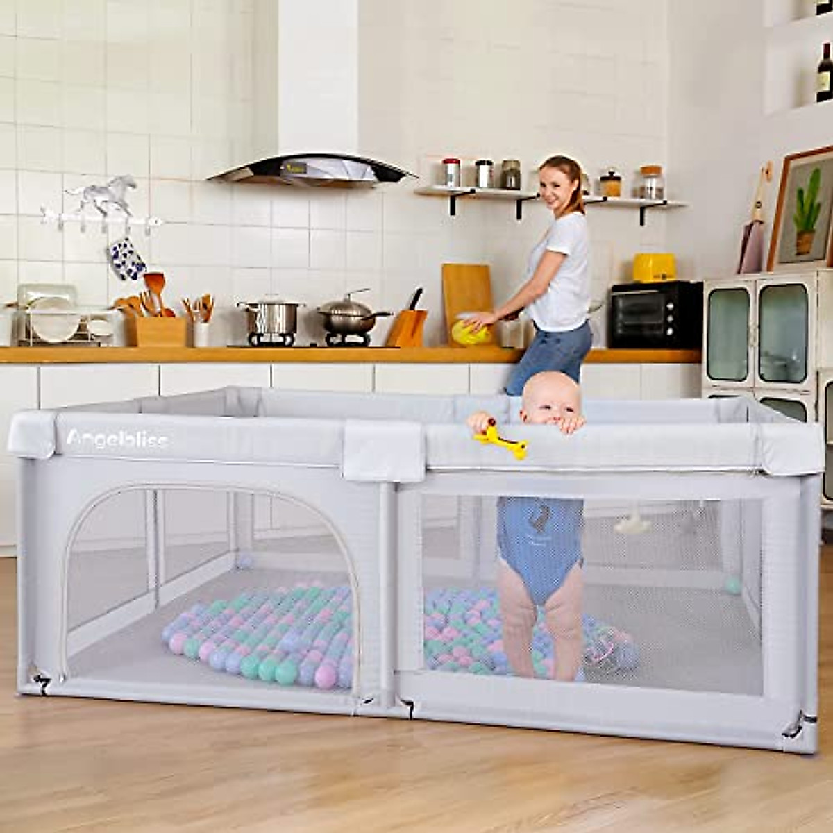 ANGELBLISS Baby Playpen, Extra Large Playard, Indoor & Outdoor Kids Activity Center with Anti-Slip Base, Sturdy Safety Play Yard with Breathable Mesh, Kid's Fence for Infants Toddlers(Grey,71”x59”)