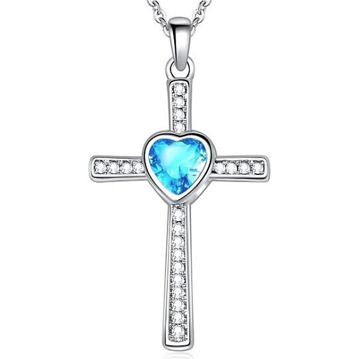 Jude Jewelers Stainless Steel Heart Birthstone Cross Statement Wedding Cocktail Party Pendant Necklace (Mar-Aquamarine)