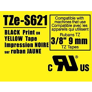 Brother 3/8" (9mm) Black Print on Yellow Extra Strength Adhesive P-Touch Tape for Brother PT-200, PT200 Label Maker