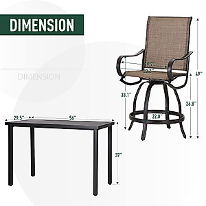 PHI VILLA 5 PCS Outdoor Bar Set, Counter Height Swivel Chair with Rectangle Metal Table, Textilene Fabric and Quick-Drying Waterproof,High Patio Set for Garden, Yard, Poolside