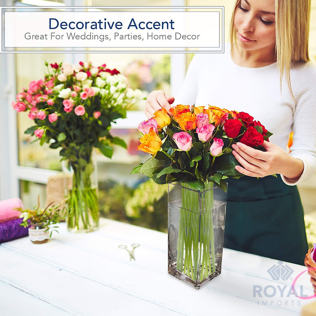 Royal Imports Flower Glass Vase Decorative Centerpiece for Home or Wedding - Tall Rectangle Shape, 12" Tall, 5"x5" Opening