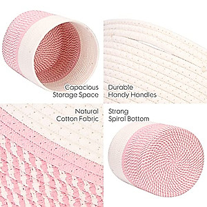 Sea Team 3-Pack Cotton Rope Basket with Handles, Woven Shelf Basket Set, Nursery Storage Bins, Kid’s Room Organizer for Toys, Clothes, 11 x 11 x 11 Inches, Mix Pink