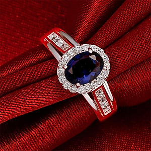 Uloveido Royal Luxury Oval Shaped Simulated Sapphire Engagement Ring Rhodium Plated Brass Navy Blue Solitaire Ring for Women (Size 6) PJ138-BLUE