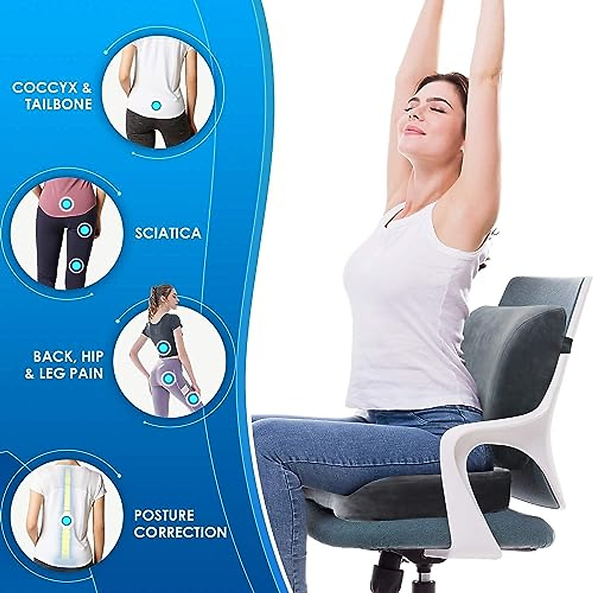Seat Cushion & Lumbar Support Pillow for Office Chair, Car, Wheelchair Memory Foam Chair Cushion for Sciatica, Lower Back&Tailbone Pain Relief Desk Pad with Adjustable Strap Washable Cover Grey