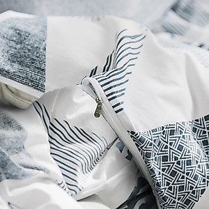 VClife Cotton Duvet Cover Queen Size, Queen Gray Blue White Triangle Bedding Sets Modern Style Geometric Duvet Cover, Zipper Closure & Corner Ties, Breathable, Lightweight