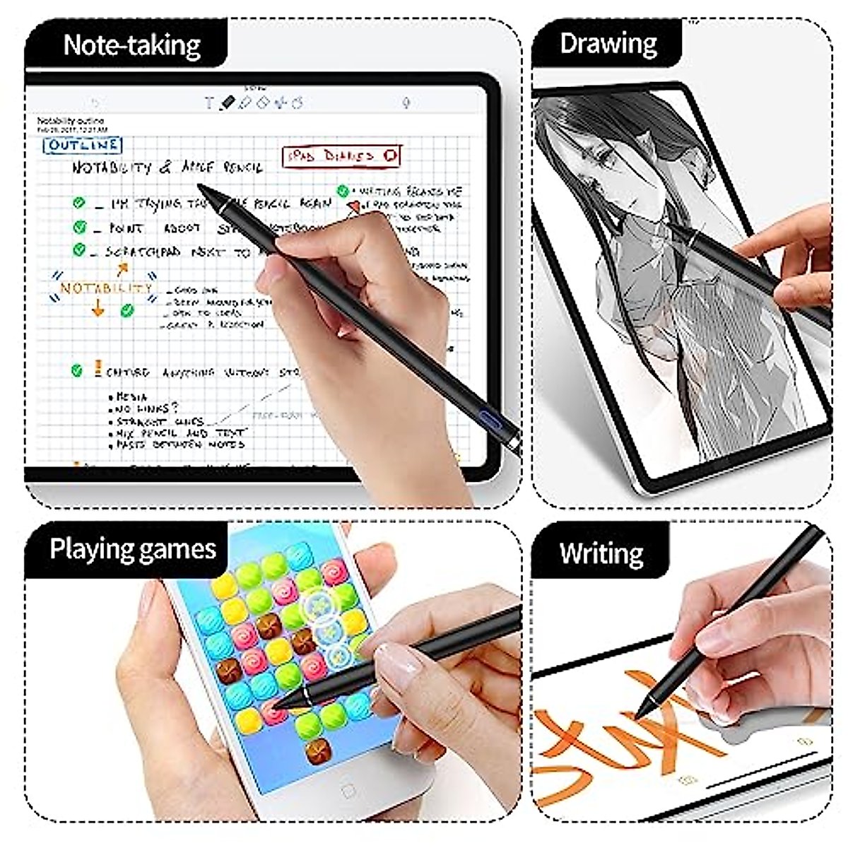 Stylus Pens for Touch Screens, Stylus Pen for iPad with Fine Point Tip & Magnetic Cap, Compatible with iPad, iPhone, Android, Tablet and Other Capacitive Touch Screen for Drawing (Black)