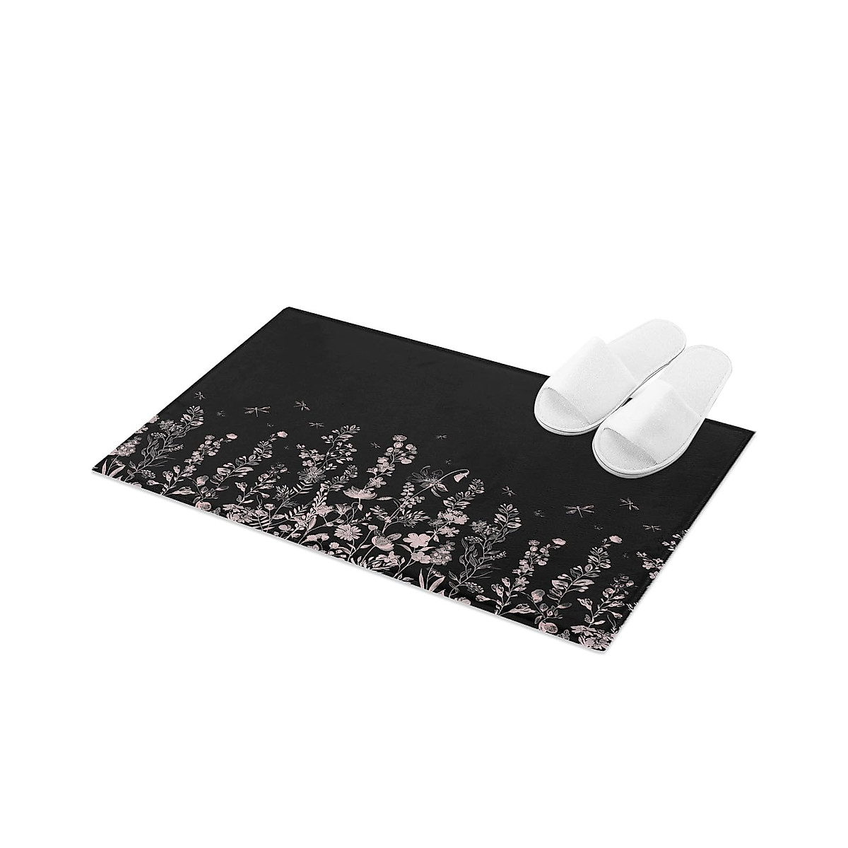 Black Flower Plush Rug Non Slip Bath Mat, Soft Shaggy Long Fur Fuzzy Bath Rugs 16" x 24" Vintage Floral Aesthetic Leaves Dragonfly Carpet Mat for Bathroom Shower Home