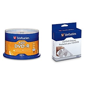 Verbatim DVD-R 4.7GB 16x AZO Recordable Media Disc - 50 Disc Spindle & CD/DVD Paper Sleeves-with Clear Window 100pk
