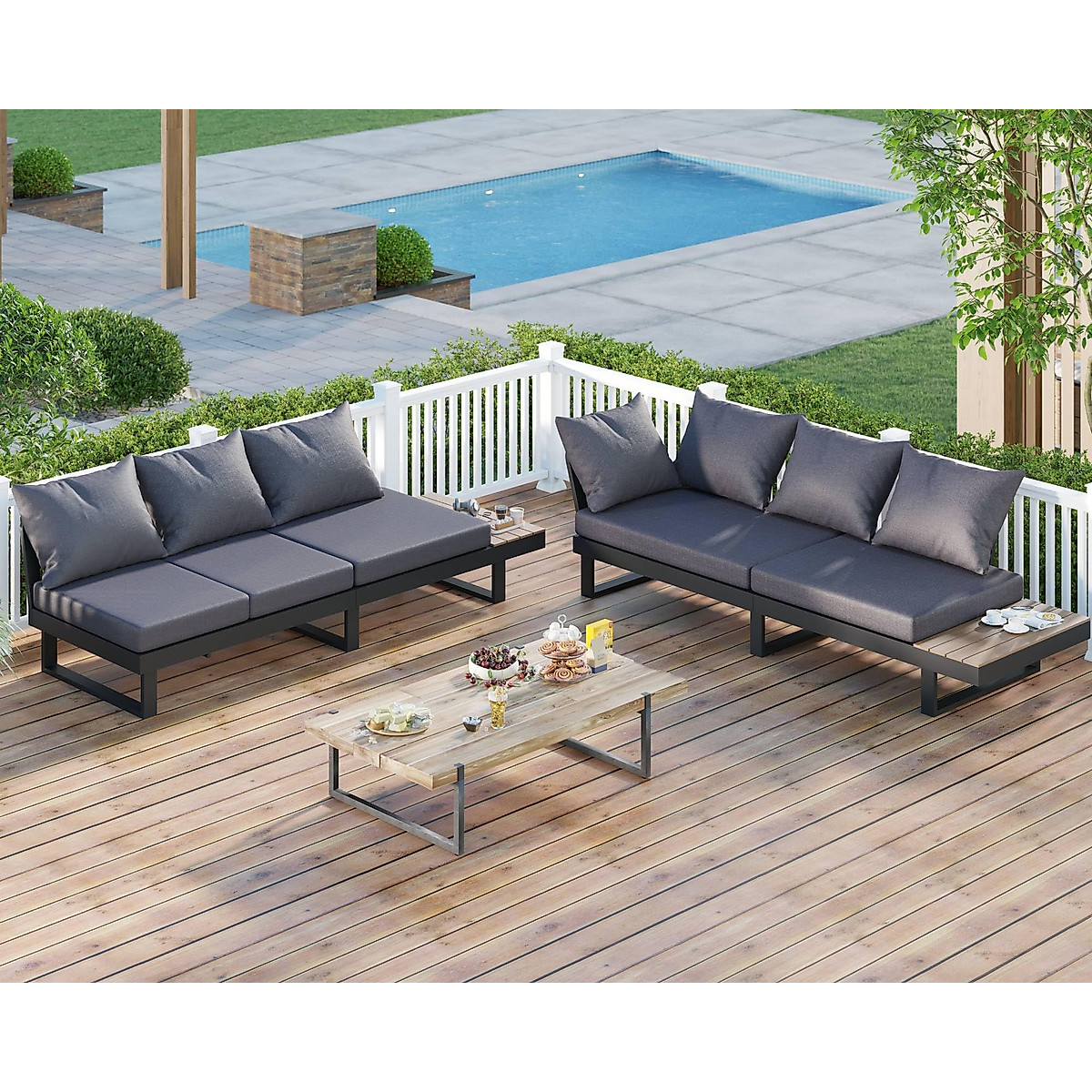 PaPaJet Aluminum Patio Conversation Set with Adjustable Backrest, 6 Piece Modern Outdoor Furniture Set with Wood Side Table for Backyard Poolside Porch, Gray