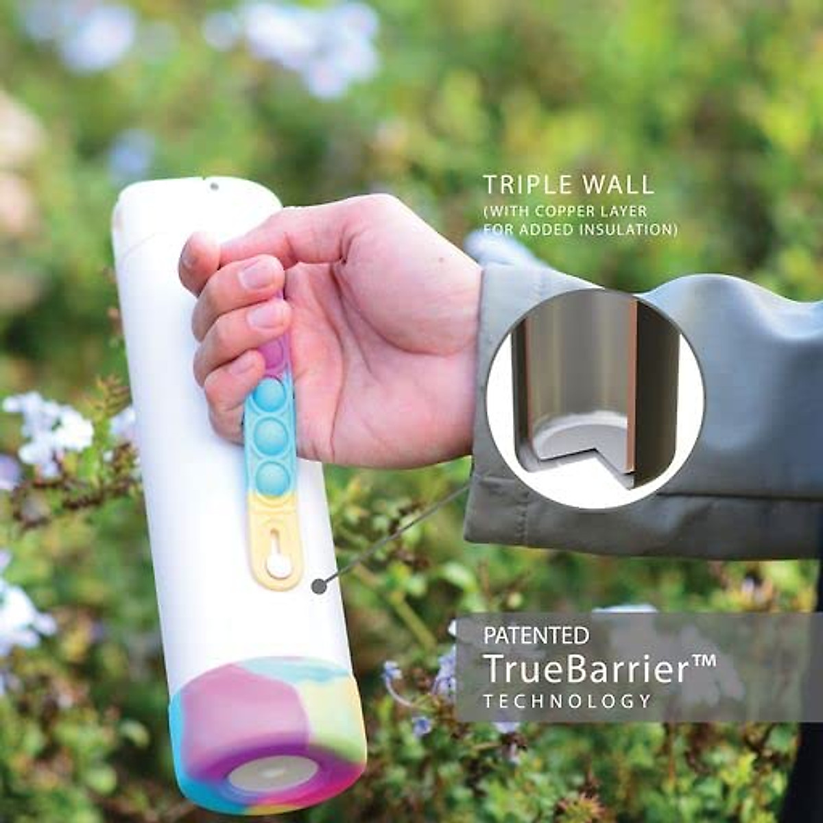 Elemental Iconic Pop Kids Water Bottle for School Girls and Boys | Triple Insulated Stainless Steel Thermos with Straw Lid & Fidget Handle | Flask Water Bottle | BPA free Tumbler, 20oz - White Tie Dye