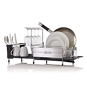 Sabatier Expandable Stainless Steel Dish Rack with Rust-Resistant Soft Coated Wires and Bi-Directional Spout, Gray/Black