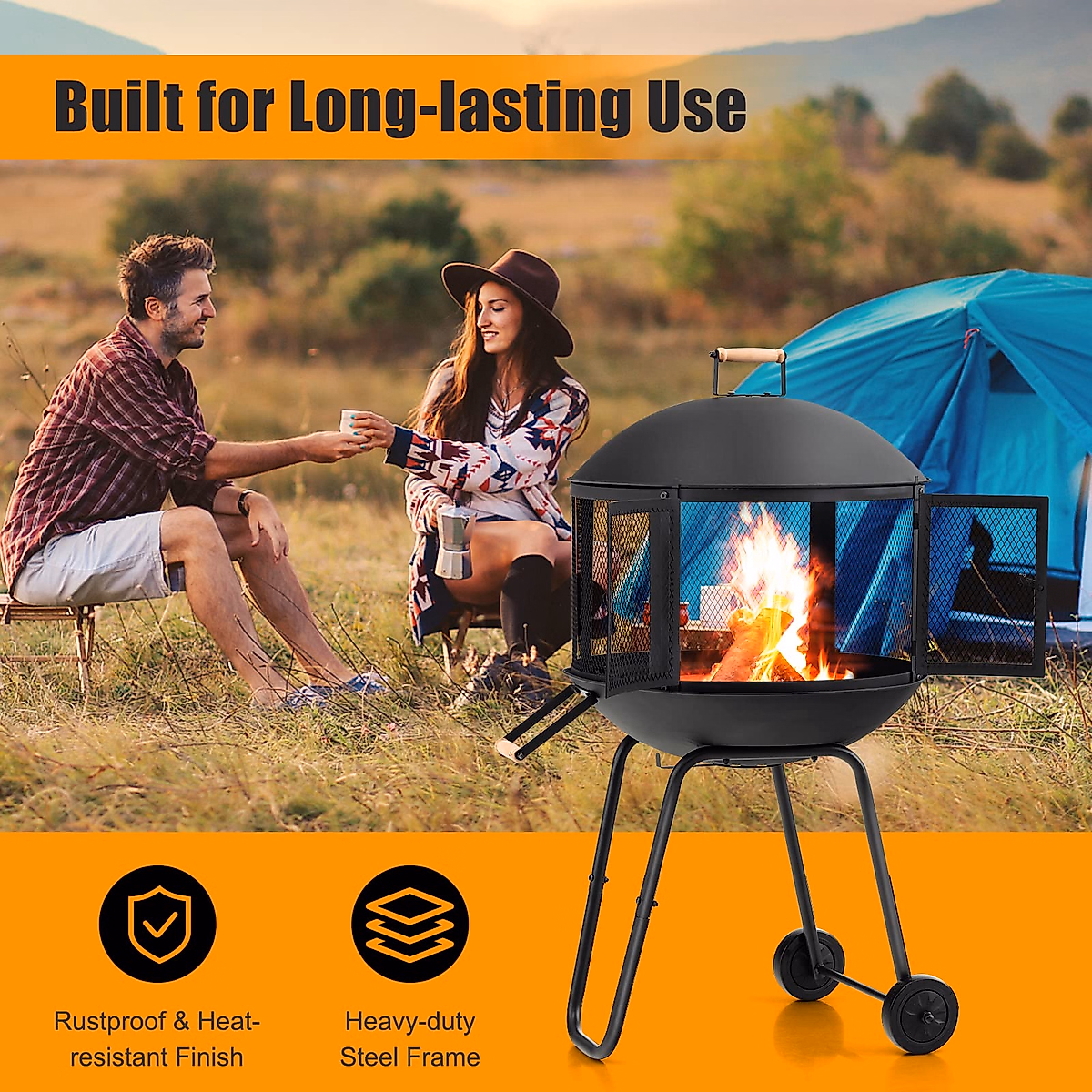 ORALNER Portable Fire Pit on Wheels, 27” Outdoor Wood Burning Firepit Cage w/Spark Screen Cover, Log Grate, Fire Poker, Steel Patio Firepit w/BBQ Grill for Outside Camping, Picnic, Backyard Bonfire