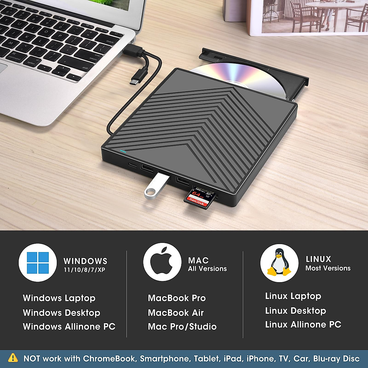 ROOFULL External CD DVD Drive, USB 3.0 & USB-C CD/DVD Burner Player with 4*USB Ports and 2*SD/TF Card Reader, Portable CD/DVD-ROM +/-RW Disk Drive Adapter for Laptop PC Mac Windows 11/10/8/7 Linux