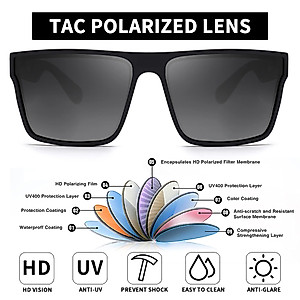 JIM HALO Retro Polarized Sunglasses Men Women Flat Top Square UV400 Glasses for Driving Fishing Hiking Golfing Black Grey