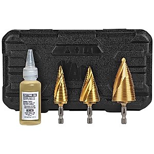 Klein Tools 25951 Electrician's Step Drill Bit Set, Spiral Double Fluted, Titanium Nitride Coating, 1/4-Inch Impact Shank, Case, 3-Piece