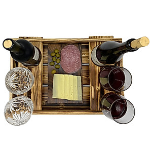 Wine Tray, Dual Glass Rack, Bottle Holder, Cut-Out Handle, with Mini Charcuterie Board, for Wine Tastings, Parties, Bars. Rustic, Handmade of Eco-Friendly Reclaimed Torched Pine Wood