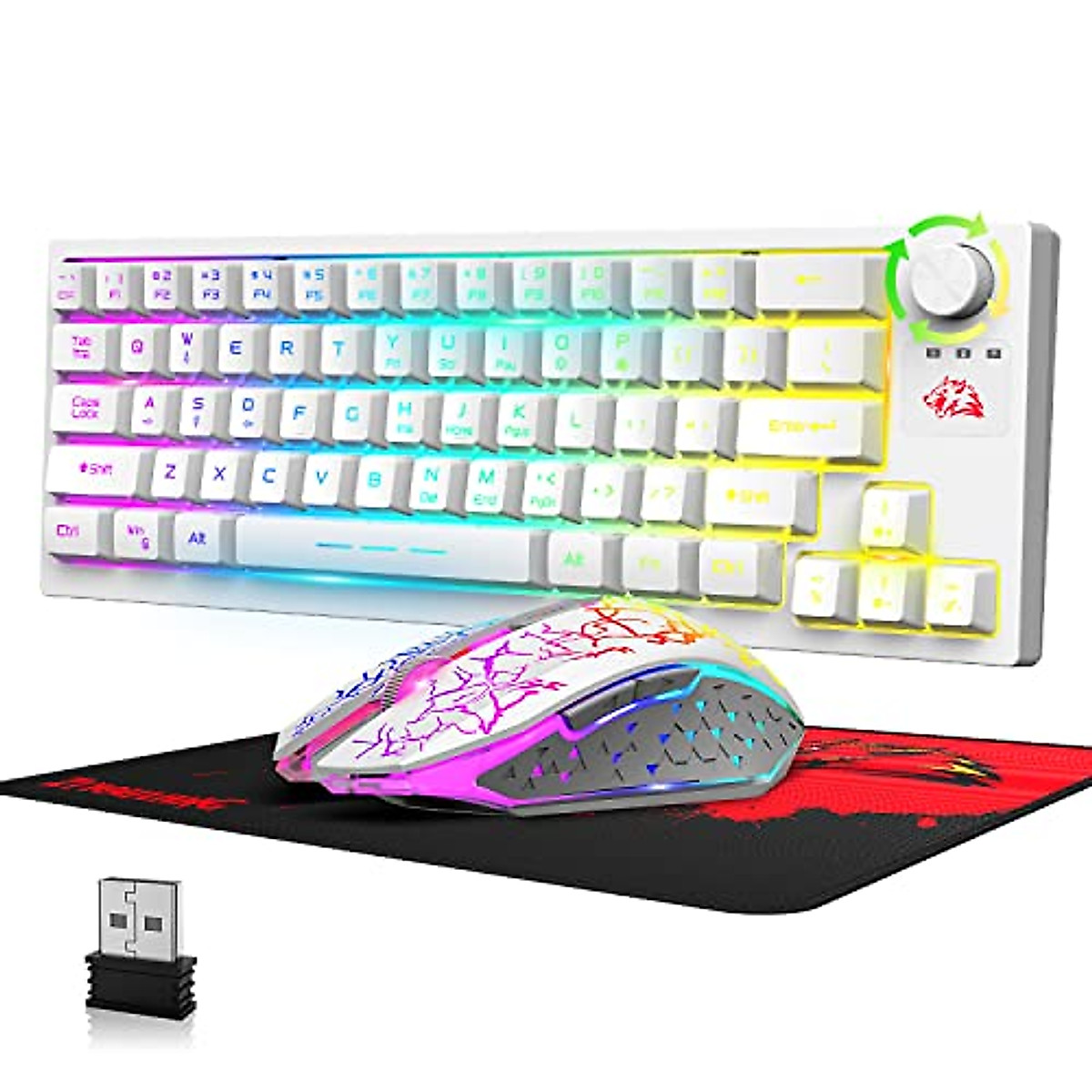 FELICON 2.4G Wireless Mini Gaming Keyboard and Mouse Combo, RGB Backlit TKL Mechanical Feel Keyboard and 7 Color Crack Illuminate Mouse, Mouse Pad for Windows, Computer, Desktop, PC, Notebook