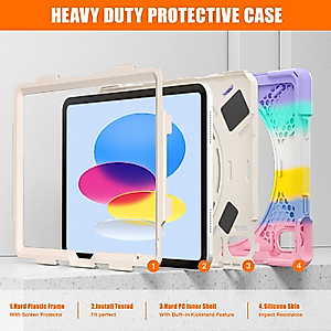 Weuiean Case for iPad 10th Generation 10.9” with Stylus, Military Grade Heavy Duty Shockproof Cover -Pencil Holder -Rotating Stand -Hand/Shoulder Strap - Colorful Pink