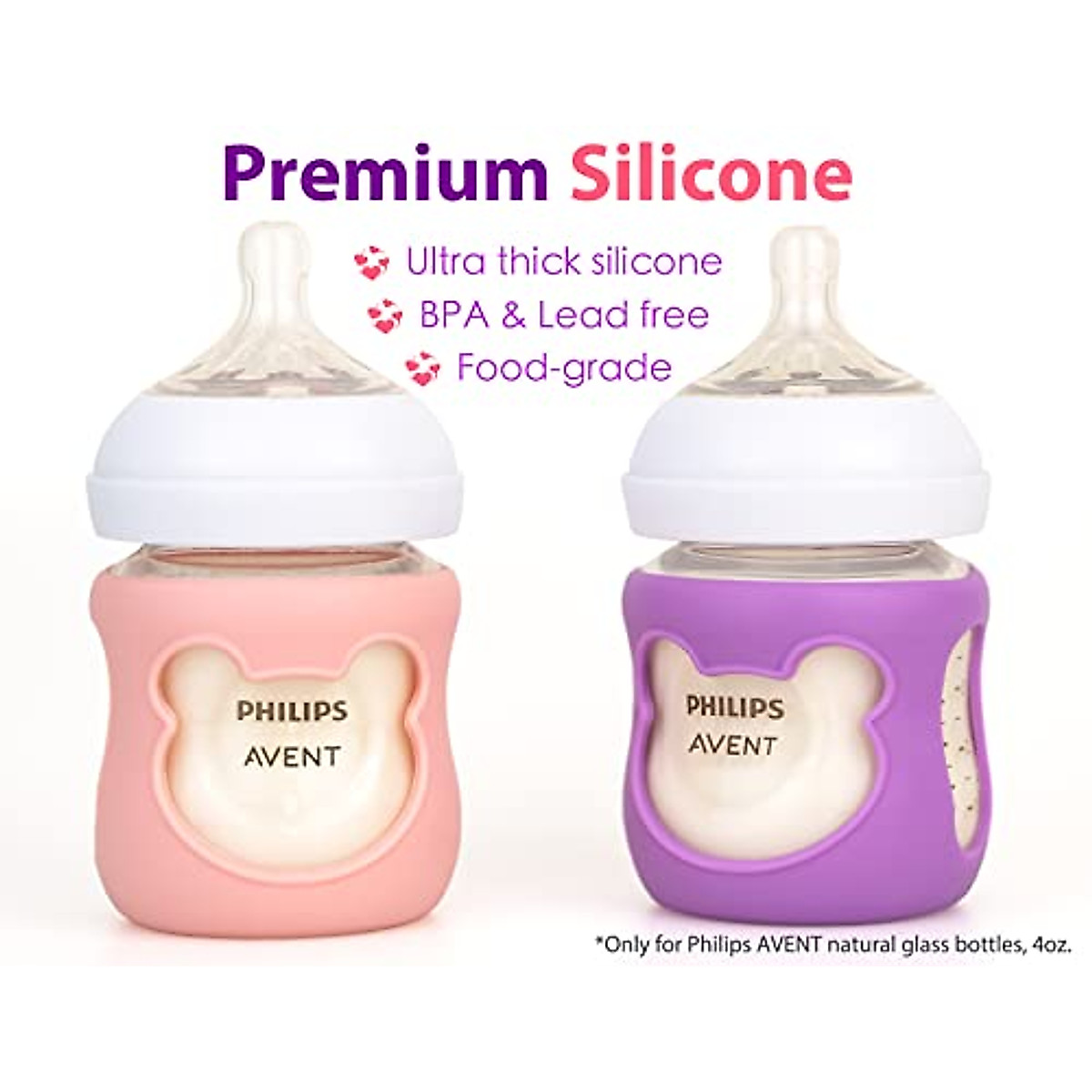 100% Silicone Baby Bottle Sleeves for Philips Avent Natural Glass Baby Bottles, Premium Food Grade Silicone Bottle Cover, Cute Bear Design, 4oz, Pack of 2 (Pink/Purple)