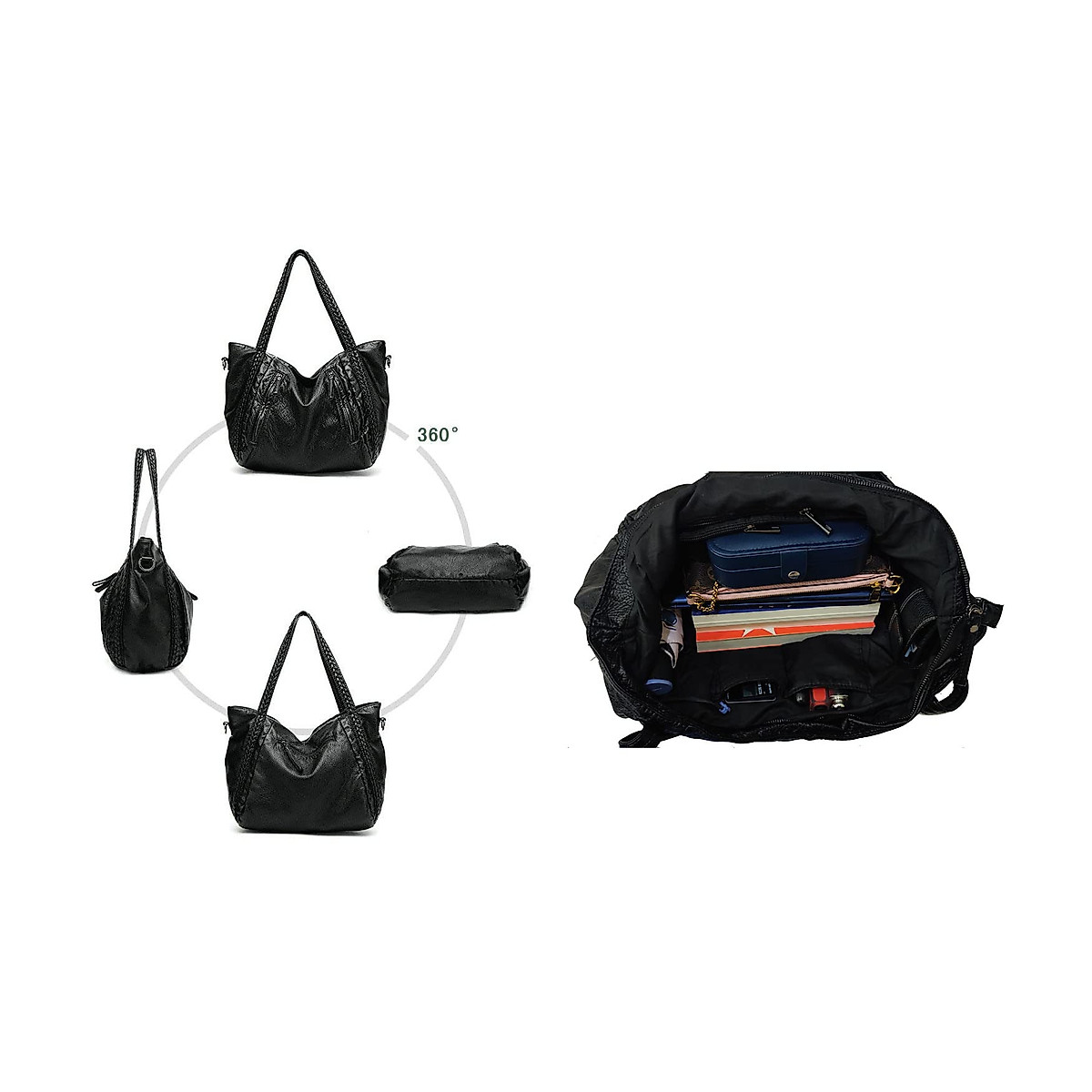 Extra Large Purses for Women Oversized Slouchy Bag Black Handbag Women Multi-pockets Hobo Tote Soft Faux Leather Braided Shoulder Pocketbooks-Black