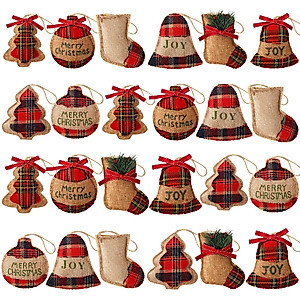 24 Pcs Burlap Christmas Ornaments 2022 Set Mini Stockings Funny Christmas Tree Ornaments Rustic Christmas Decorations Red Plaid Tartan Hanging Decoration Stocking Ball Tree Bell, 8 Styles (Rustic)