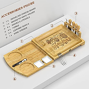 Cheese Board Charcuterie Board Set - Swiveling Wine Meat Cheese Platter Bamboo Cheese Server with Knives, Forks, Wine Opener, Ceramic Bowls for Gathering Party - Warming Gift for Women Friend