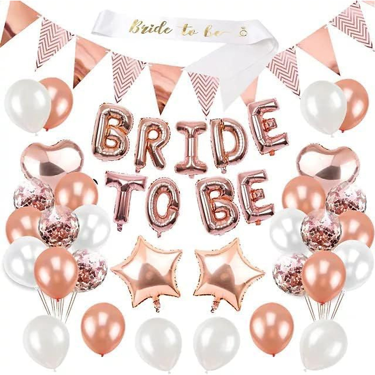 BINQOO Bride to Be Bachelorette Party Kit Rose Gold Banner Miss to Mrs Foil Balloons Bride to Be Sash for Bridal Shower White Confetti Balloons Engagement Wedding Party Decor Set