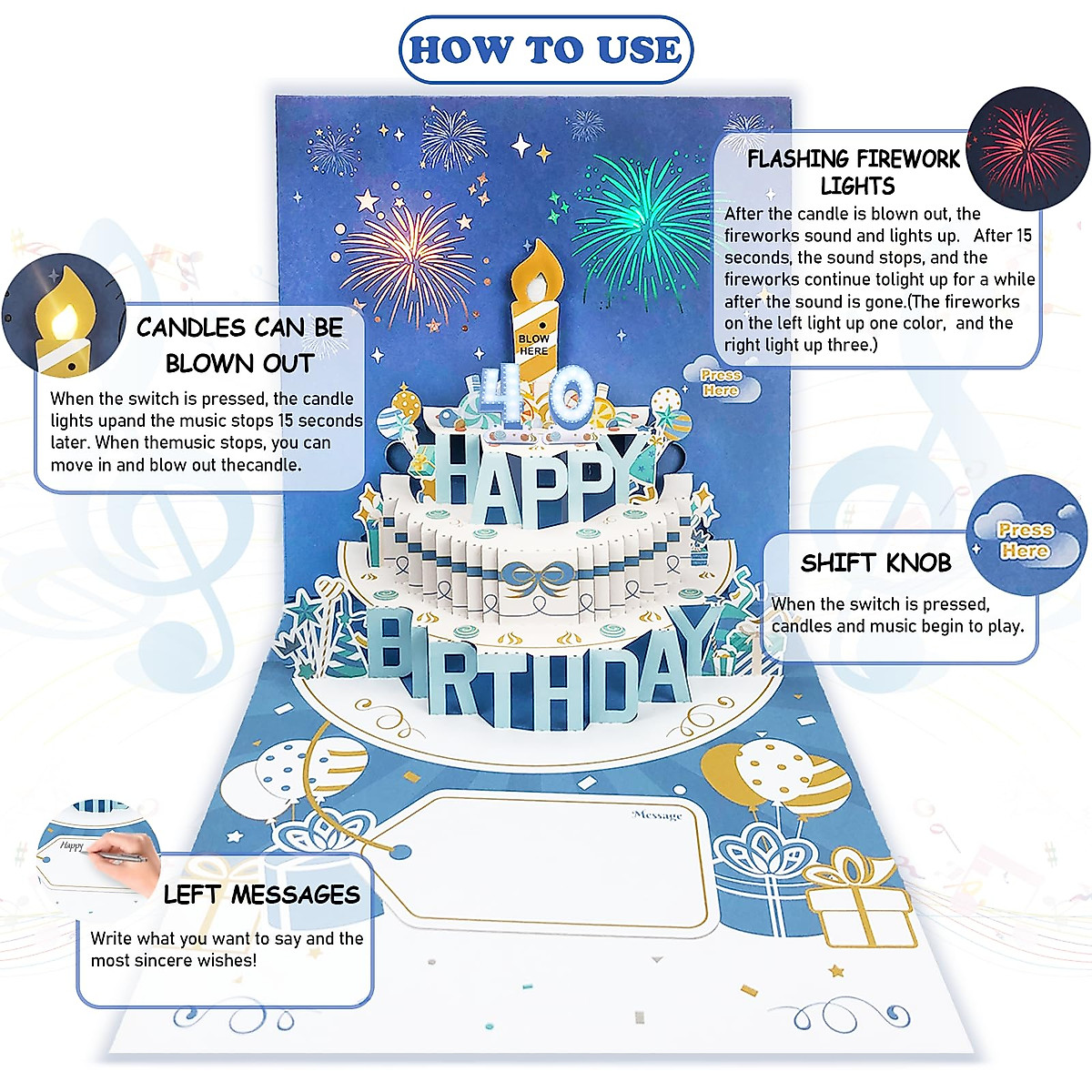 DTESL 40th Musical Birthday Cards with Light and Music, Blowable, 3D Birthday Popup Cards for Men & Women– Plays Hit Song 'HAPPY Birthday' (40th)