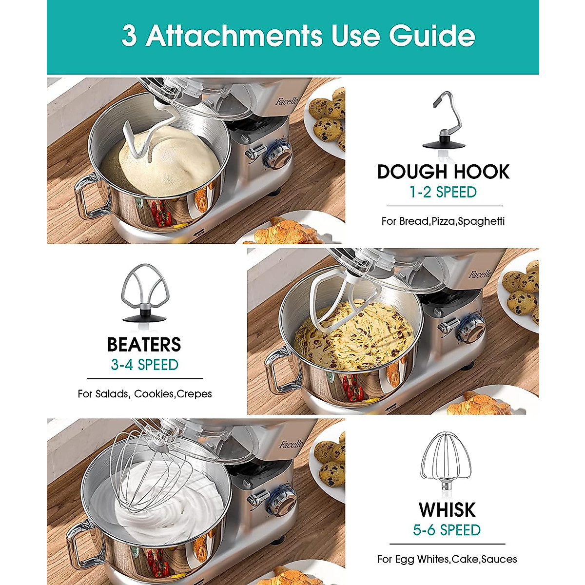 Facelle Stand Mixer, Electric Kitchen Mixer, 6 Speed Tilt-Head Stand Mixer with Pulse, Attachments include 6.5QT Bowl, Dishwasher Safe Beater, Dough Hook, Whisk for Dough, Baking,Cakes, Cookie -Silver