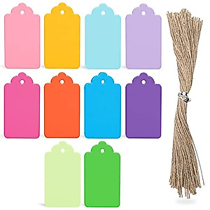 SallyFashion 100 PCS Gift Tags with String, 10 Colors Kraft Paper Tags Hanging Tags Price Tags Greeting Tags for DIY Crafts Holiday Party Favors