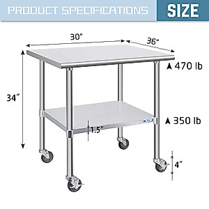 Hally Stainless Steel Table for Prep & Work 30 x 36 Inches with Caster Wheels, NSF Commercial Heavy Duty Table with Undershelf and Galvanized Legs for Restaurant, Home and Hotel